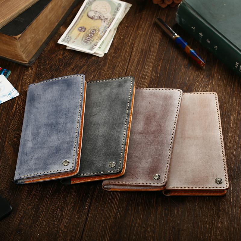 Simple Handmade Mens Brown Slim Long Wallet Blue Bifold Slim Card Wall ...