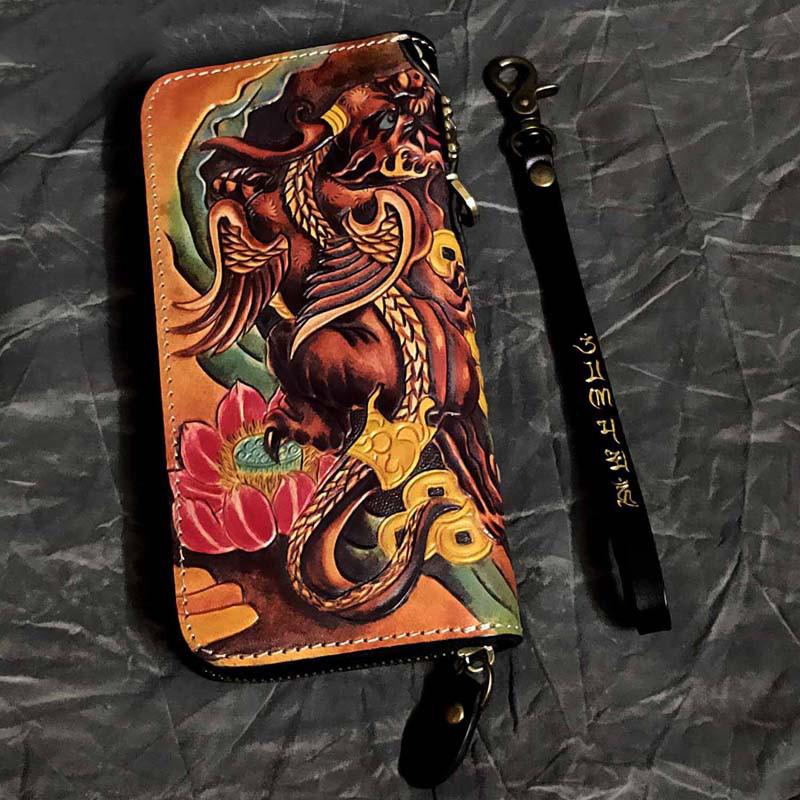 Badass Black Leather Men's Long Biker Handmade Wallet God Beast Tooled ...