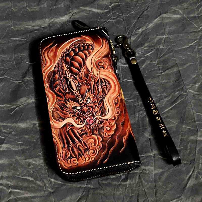 Badass Black Leather Men's Long Biker Handmade Wallet Beast Totem Tool ...