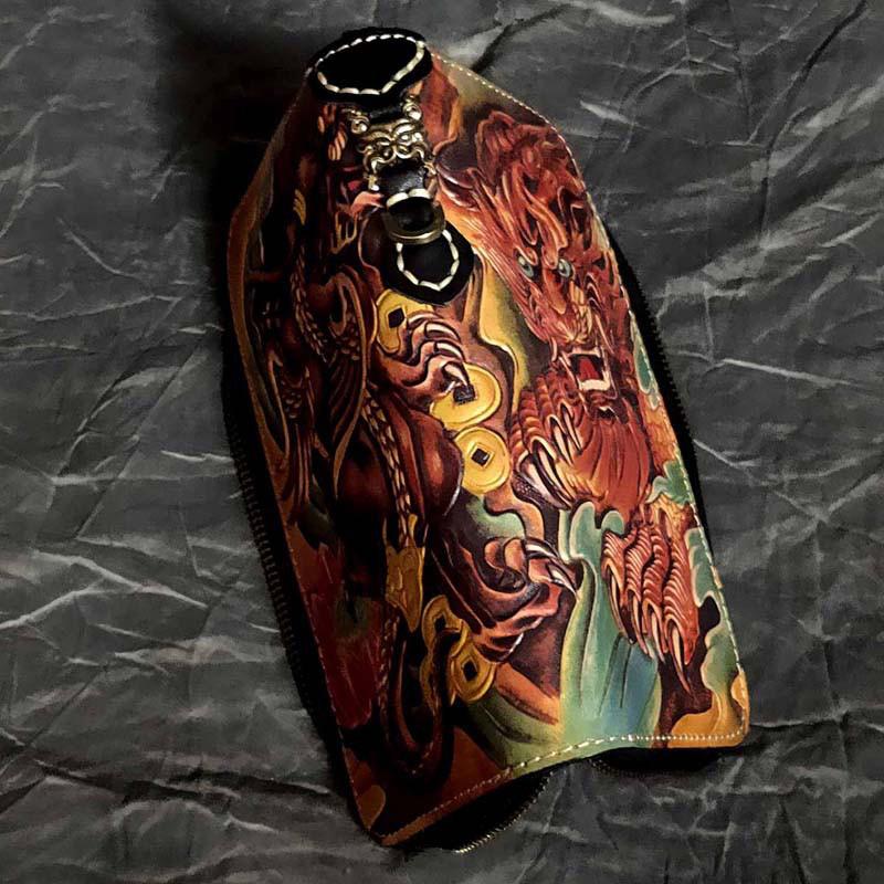 Badass Black Leather Men's Long Biker Handmade Wallet God Beast Tooled ...