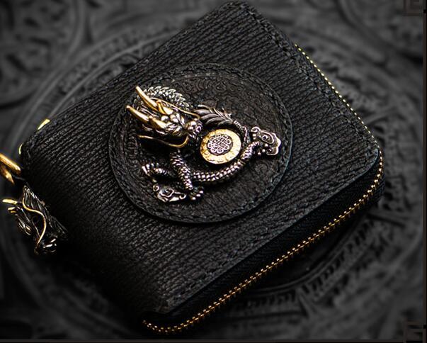 Handmade Leather Chinese Dragon Tooled Mens billfold Wallet Cool Chain ...