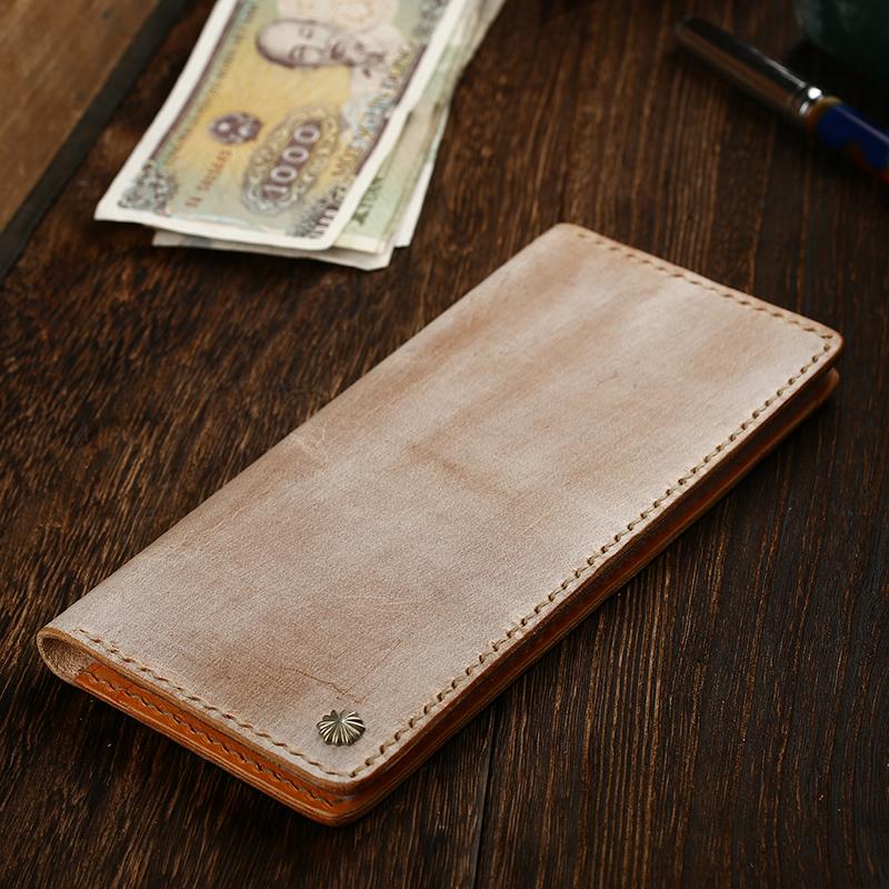 Simple Handmade Mens Brown Slim Long Wallet Blue Bifold Slim Card Wall ...
