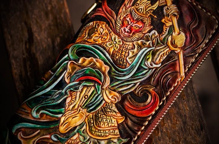 Handmade Leather Tooled Monkey King Mens Chain Biker Wallet Cool Leath ...