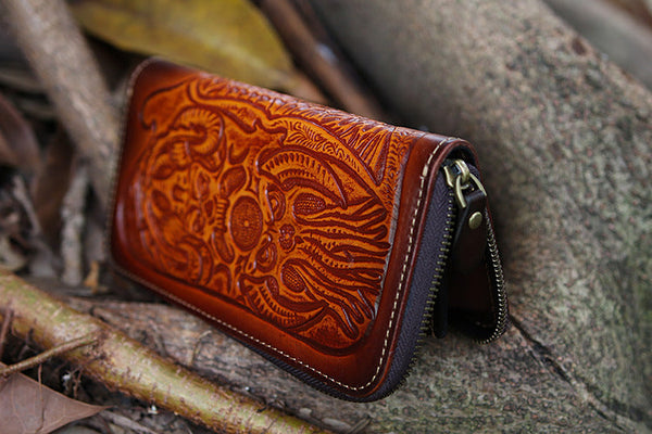Leather Skull Tooled Mens Handmade Long Wallet Cool Death Zip Leather ...