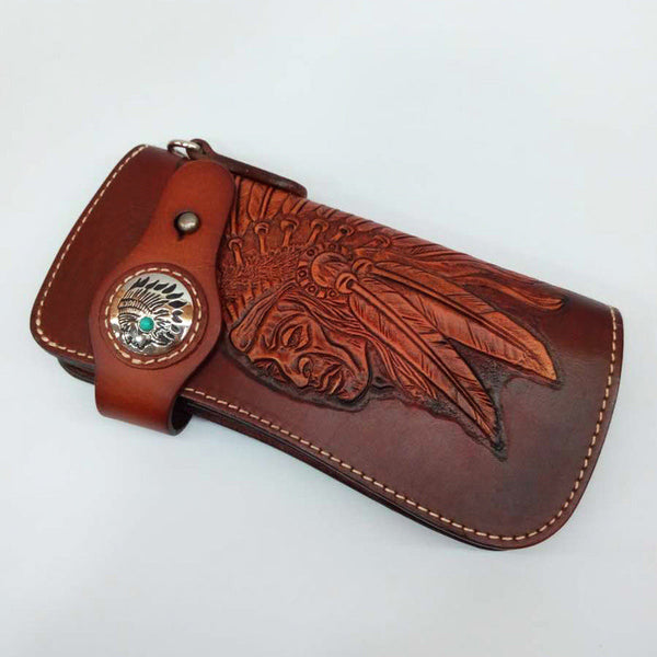 Leather Tooled Indian Chief Mens Biker Chain Wallet Handmade Leather B ...