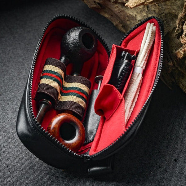 Khaki Leather Mens Leather 2pcs Tobacco Pipes Case Zipper Tobacco Pipe ...