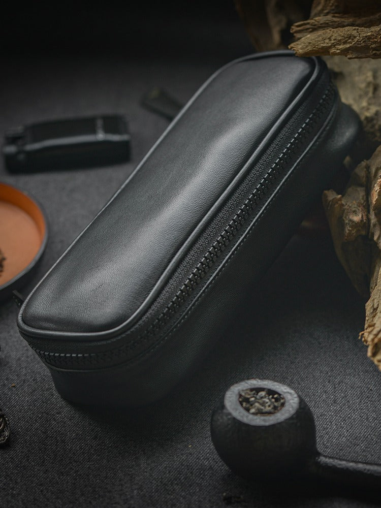 Black Leather Mens Leather 2pcs Tobacco Pipe Cases Zipper Tobacco Pipe ...