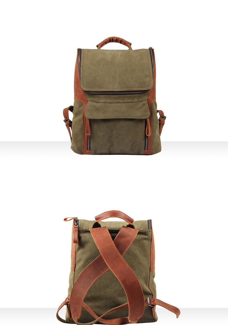 Fashion Canvas Leather Mens Large Army Green Backpack School Backpack ...