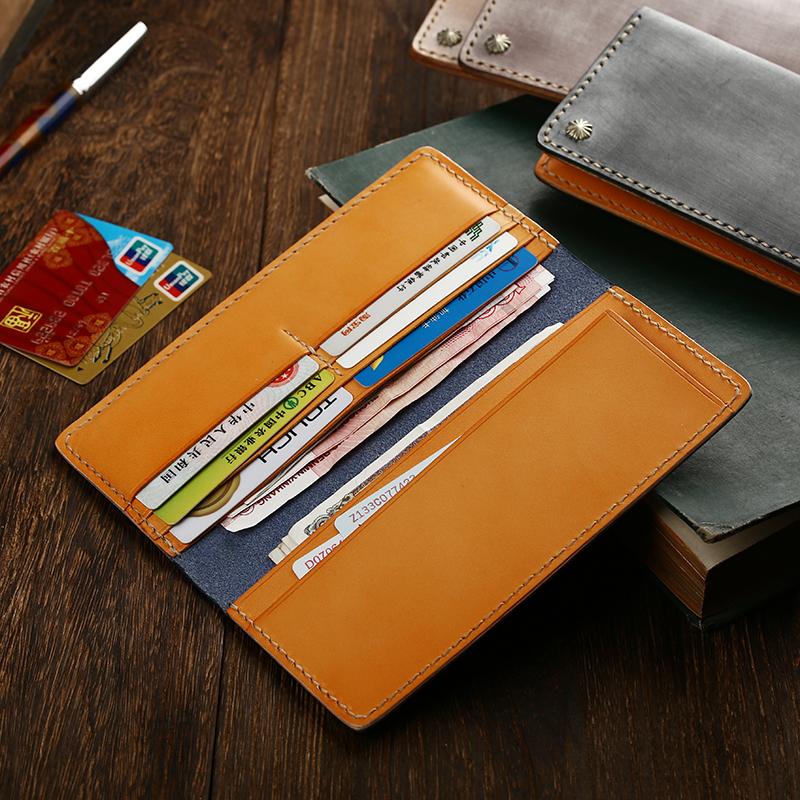 Simple Handmade Mens Brown Slim Long Wallet Blue Bifold Slim Card Wall ...