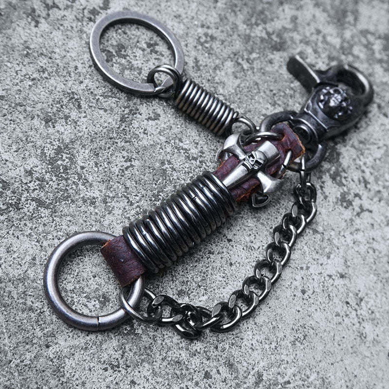 Mens Leather Keychain Skull Keychain Cool Keychains for Guys Brown Lea ...