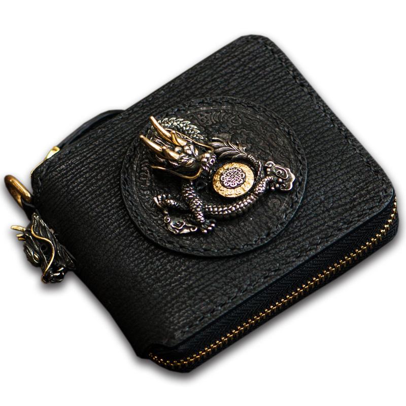 Handmade Leather Chinese Dragon Tooled Mens billfold Wallet Cool Chain ...